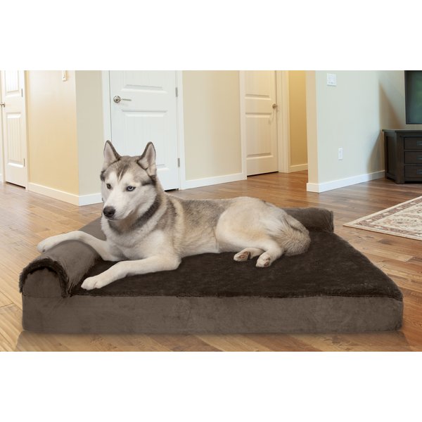 FURHAVEN Faux Fur Memory Top Bolster Dog Bed with Removable Cover, Dark ...