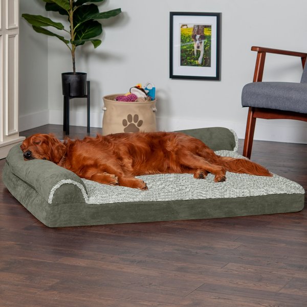 FURHAVEN Faux Fur Memory Top Bolster Dog Bed with Removable Cover, Dark ...