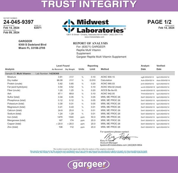 GARGEER Reptile & Amphibian Multi-Vitamin Premium Powder Supplement, 4 ...