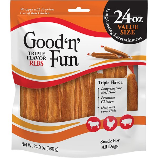 GOOD 'N' FUN Triple Flavor Ribs Beef, Chicken & Pork Hide Dog Chews, 24 ...
