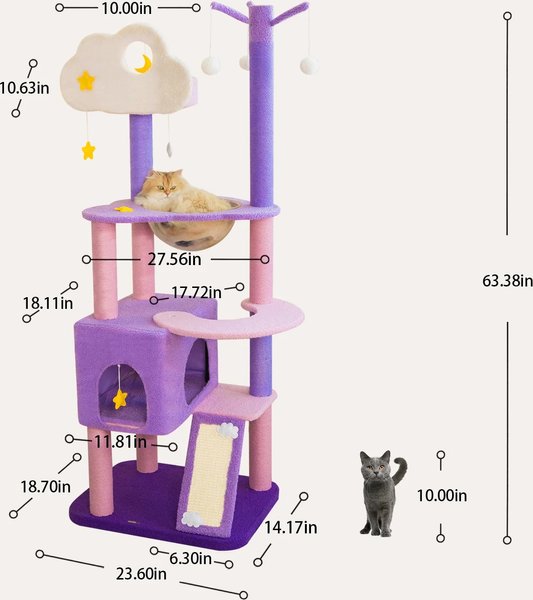 HAPPY & POLLY Moonlight Deluxe 65-in Plush Cat Tree & Condo, Purple ...