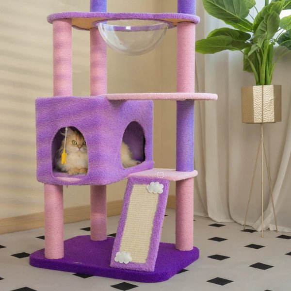 HAPPY & POLLY Moonlight Deluxe 65-in Plush Cat Tree & Condo, Purple ...