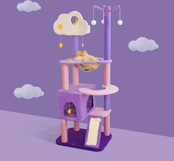 HAPPY & POLLY Moonlight Deluxe 65-in Plush Cat Tree & Condo, Purple ...