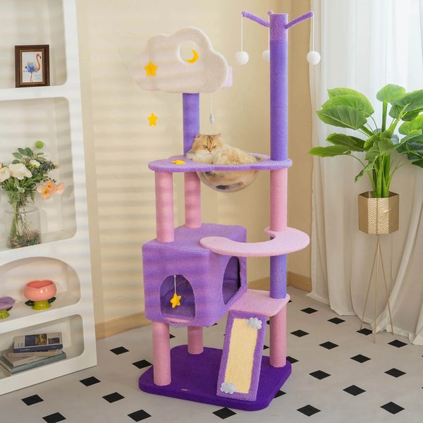 HAPPY & POLLY Moonlight Deluxe 65-in Plush Cat Tree & Condo, Purple ...