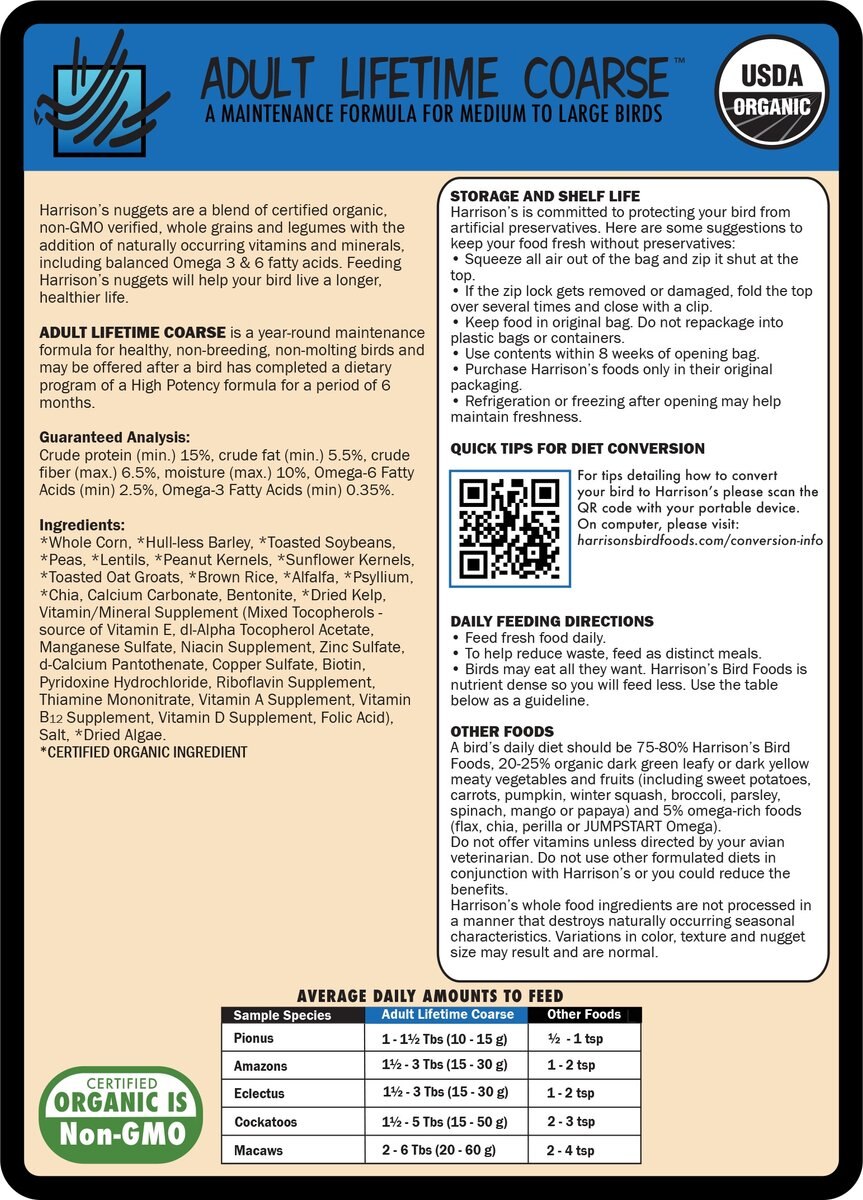 HARRISON'S BIRD FOODS Adult Lifetime Coarse Organic Pellet Bird Food, 5 ...