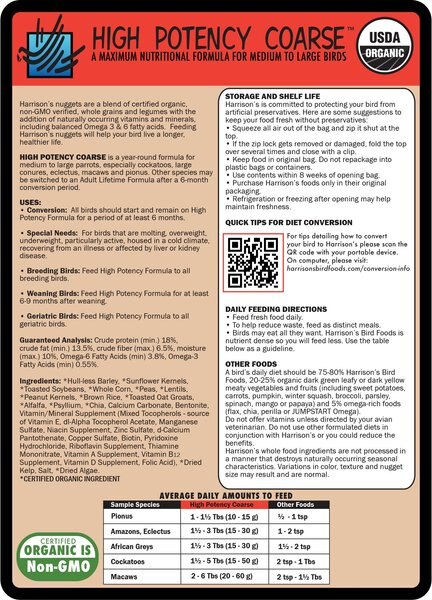 HARRISON'S BIRD FOODS High Potency Coarse Organic Pellet Bird Food, 5 ...