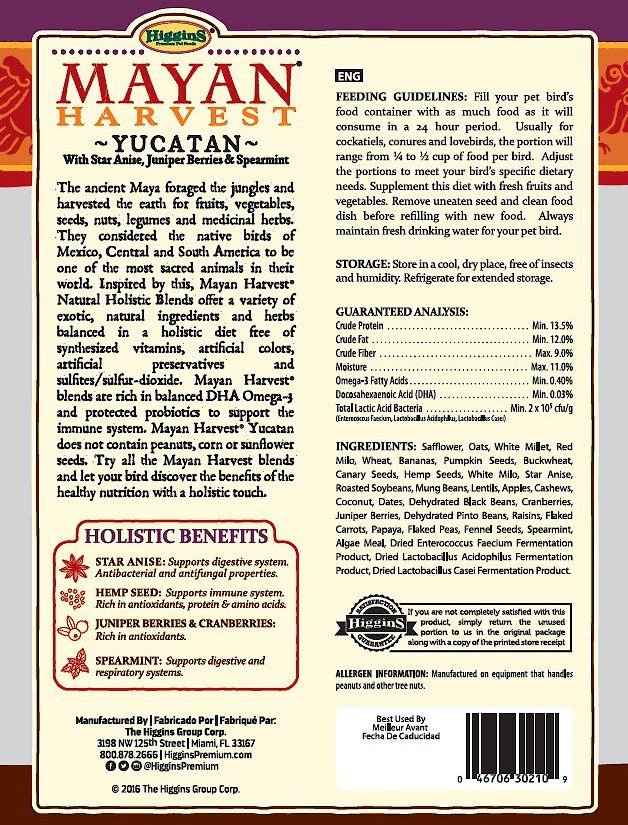 HIGGINS Mayan Harvest Yucatan Bird Food for Conures, 3-lb bag - Chewy.com