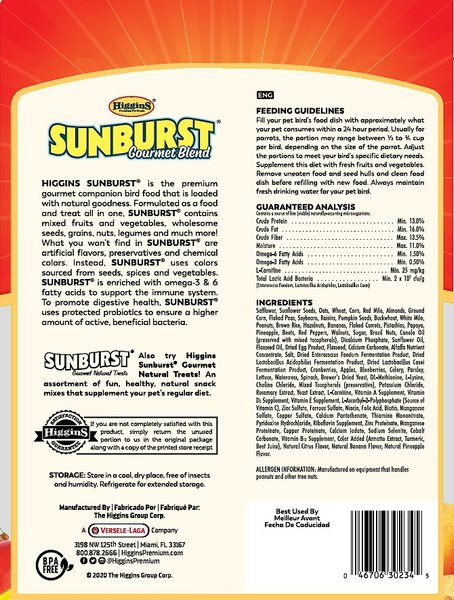 HIGGINS Sunburst Gourmet Blend Parrot Bird Food, 3-lb bag - Chewy.com
