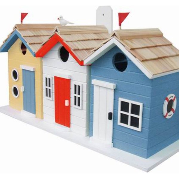HOME BAZAAR Brighton Beach Huts Birdhouse, Yellow & Blue - Chewy.com