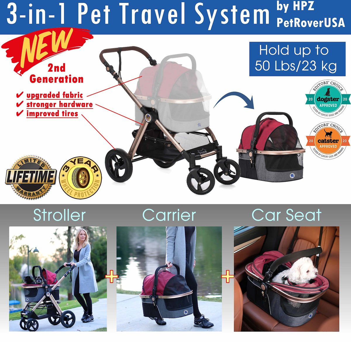 Out of Stock - HPZ Rover Prime G2 Luxury 3-in-1 Dog & Cat Stroller ...