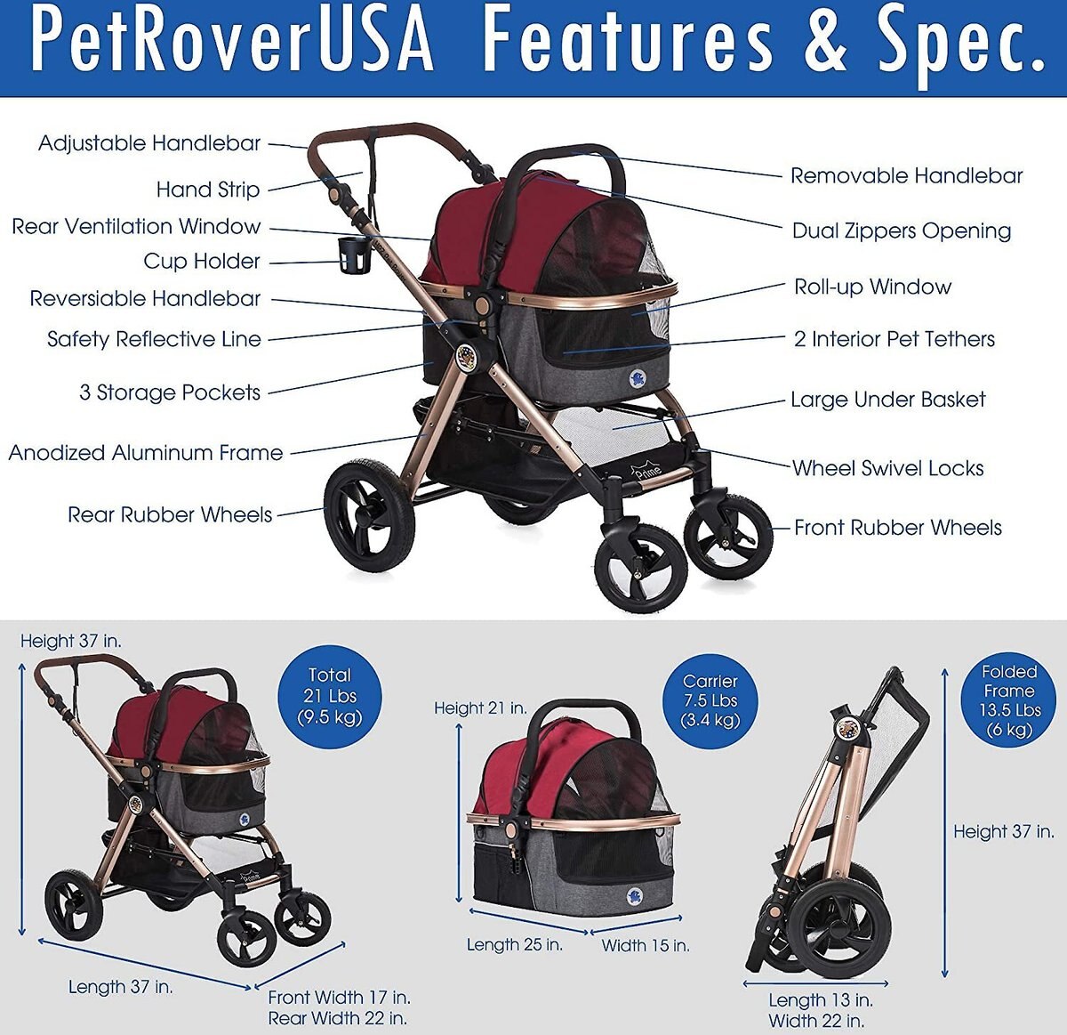 Out of Stock - HPZ Rover Prime G2 Luxury 3-in-1 Dog & Cat Stroller ...