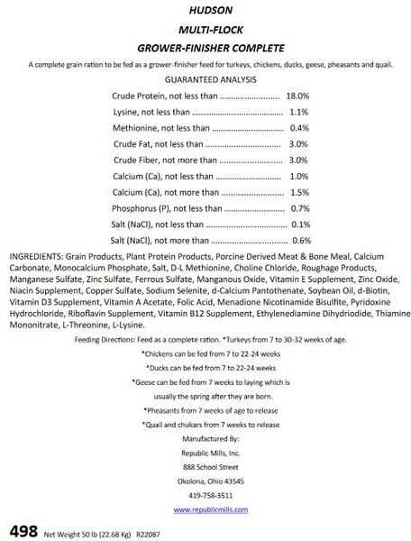 HUDSON FEEDS 18% Multi-Flock Grower/Finisher Complete Poultry Feed, 50 ...