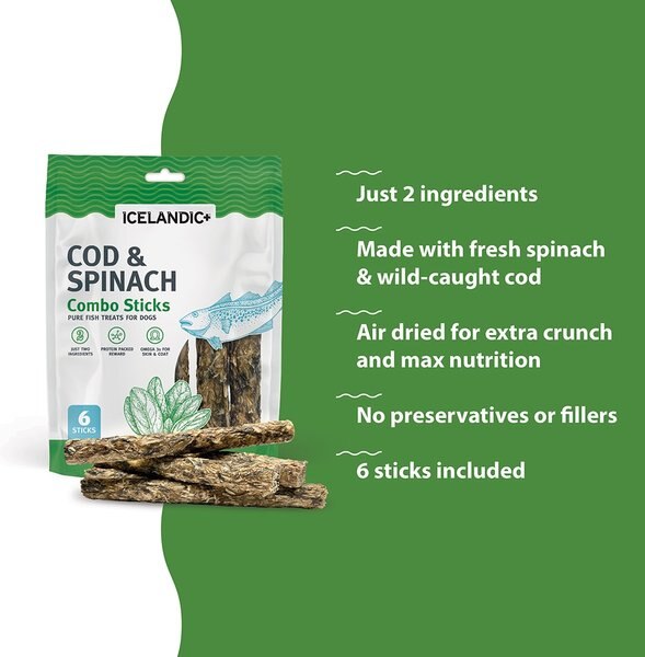 ICELANDIC+ Cod & Spinach Combo Sticks Dog Treats, 6 count - Chewy.com
