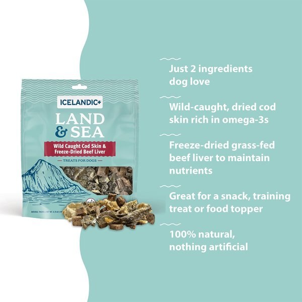 ICELANDIC+ Land & Sea Cod Skin & Beef Liver Freeze-Dried Dog Treats, 6. ...