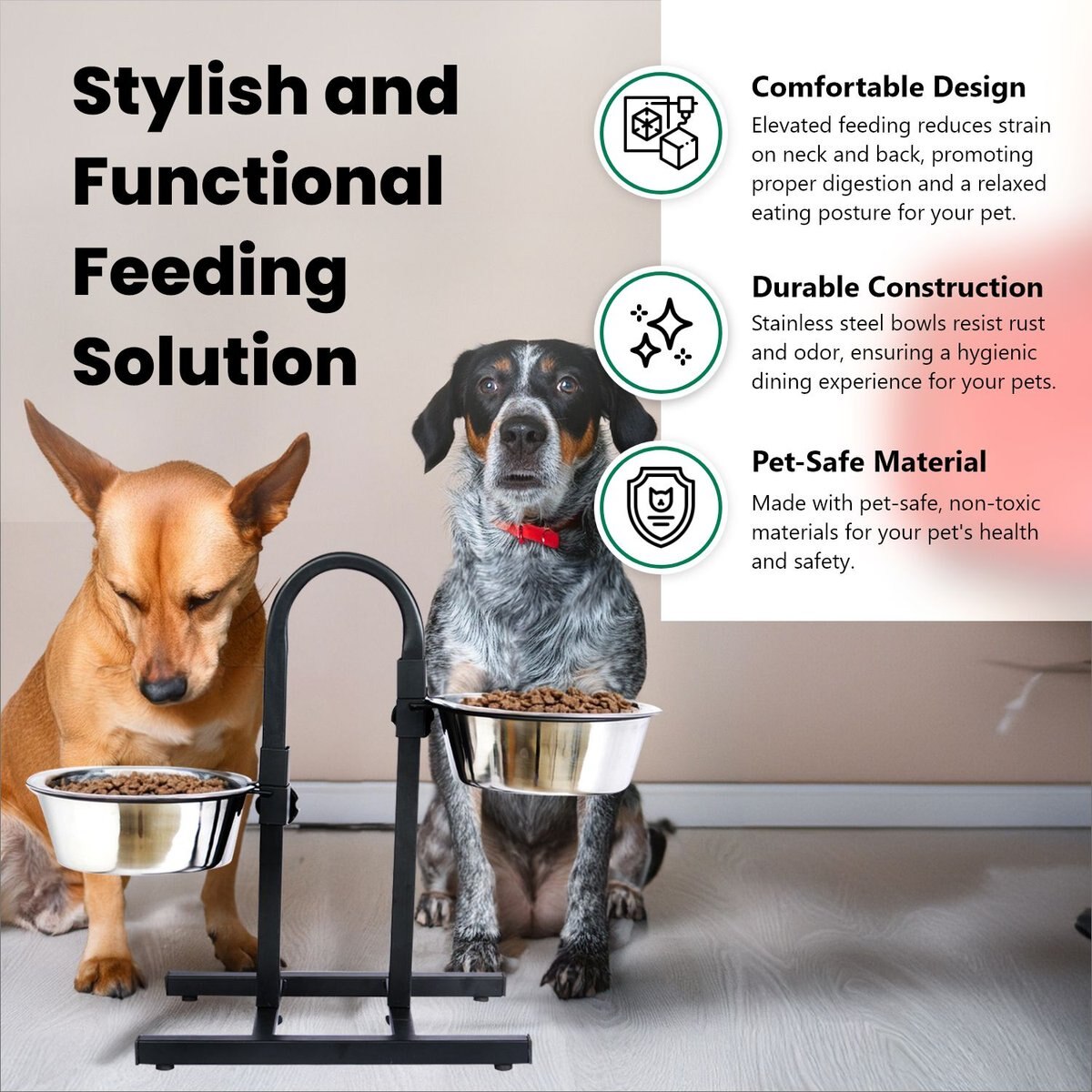 ICONIC PET U Design Adjustable Stainless Steel Pet Double Dog Bowl, 12 ...