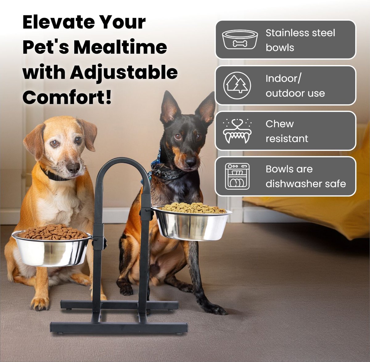 ICONIC PET U Design Adjustable Stainless Steel Pet Double Dog Bowl, 12 ...