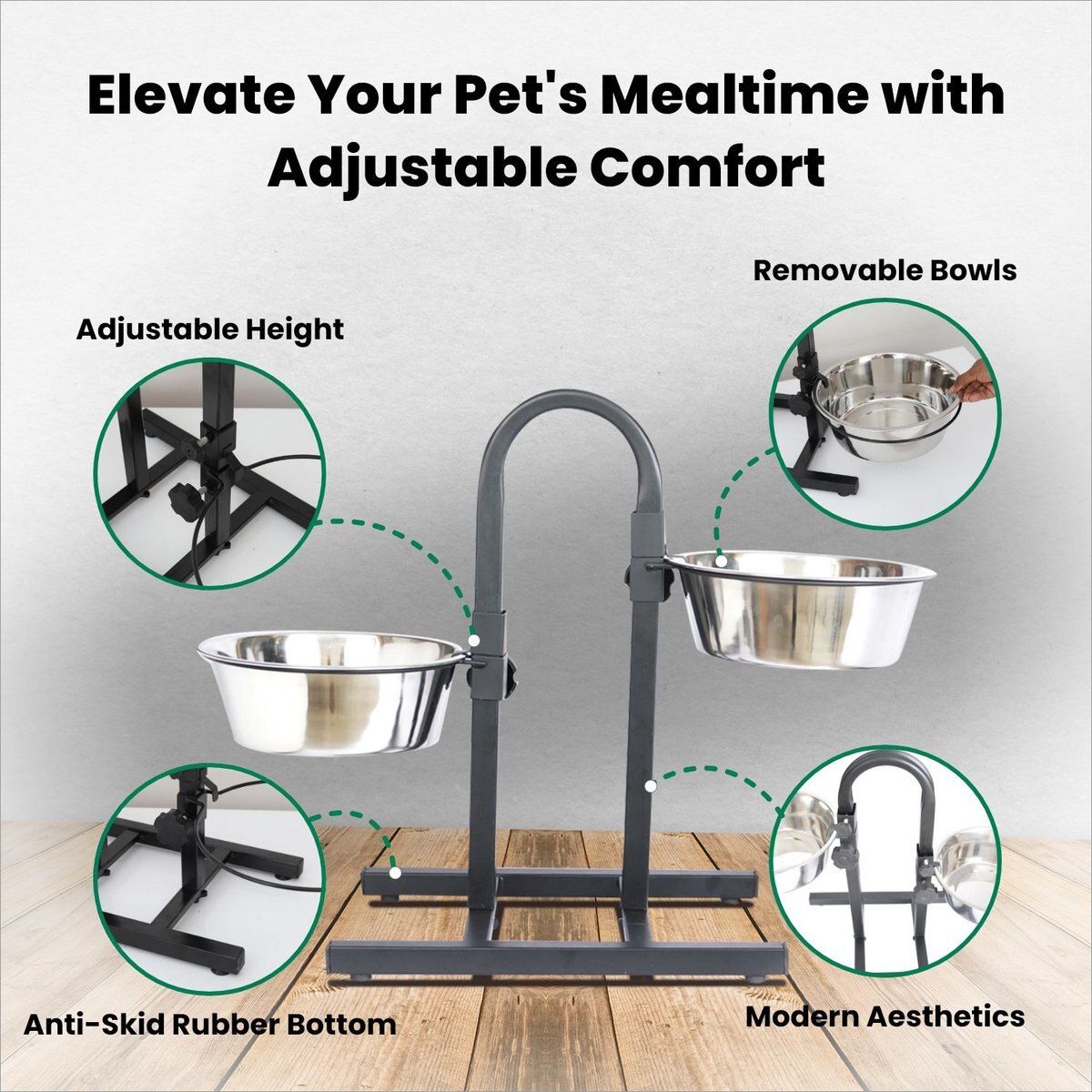 ICONIC PET U Design Adjustable Stainless Steel Pet Double Dog Bowl, 12 ...