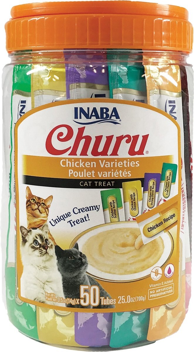 INABA Churu Chicken Variety Creamy Puree Grain-Free Lickable Cat Treats, 0.5oz tube, 50 count ...