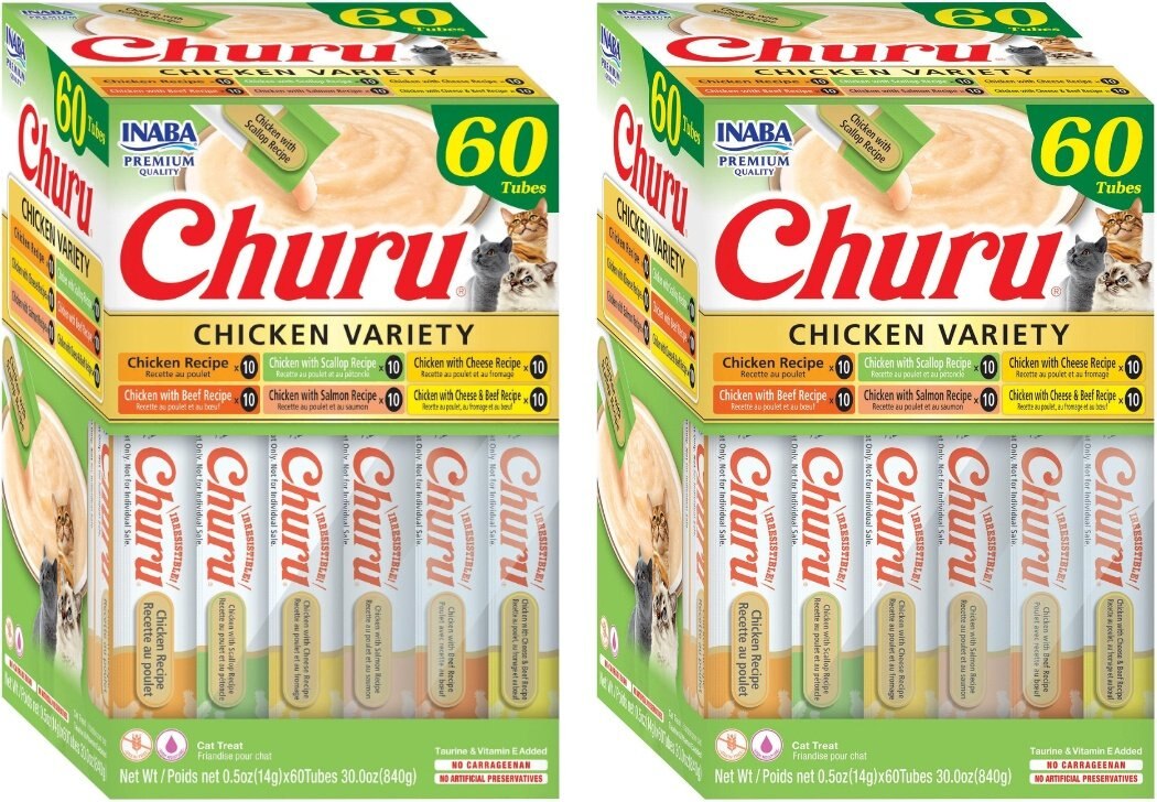 INABA Churu Chicken Variety Creamy Puree Grain-Free Lickable Cat Treats, 0.5-oz tube, 120 count ...