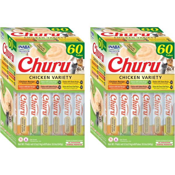 INABA Churu Tuna & Chicken Puree Variety Pack Grain-Free Lickable Cat Treat, 0.5-oz tube, 150 ...