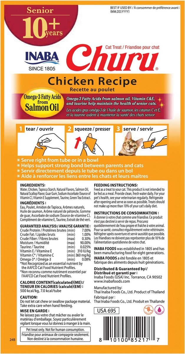 INABA Churu for Senior 10+ Chicken Recipe Lickable Cat Treats, 0.5-oz tube, 4 count - Chewy.com