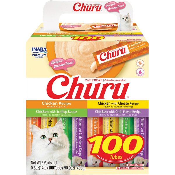 INABA Churu Chicken Variety Creamy Puree Grain-Free Lickable Cat Treats, 0.5-oz tube, 100 count ...