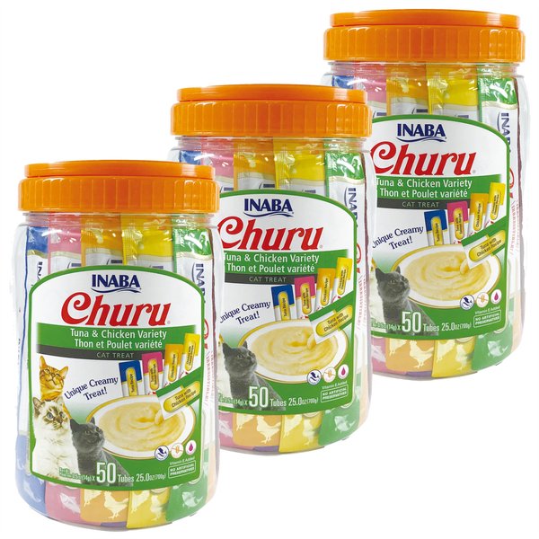 INABA Churu Tuna & Chicken Puree Variety Pack Grain-Free Lickable Cat Treat, 0.5-oz tube, 150 ...