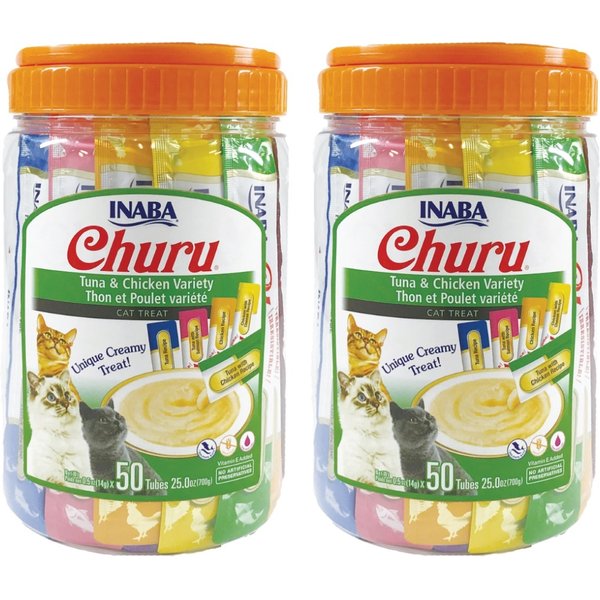 INABA Churu Tuna & Chicken Puree Variety Pack Grain-Free Lickable Cat Treat, 0.5-oz tube, pack ...