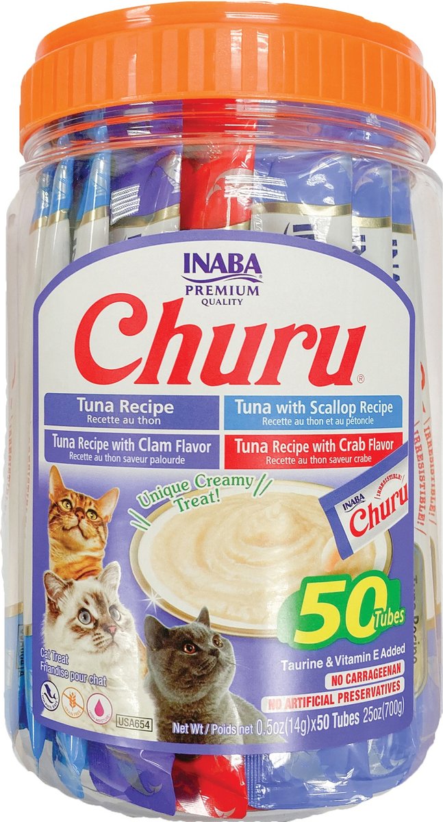 INABA Churu Tuna & Seafood Variety Creamy Puree Grain-Free Lickable Cat Treats, 0.5-oz tube, 50 ...