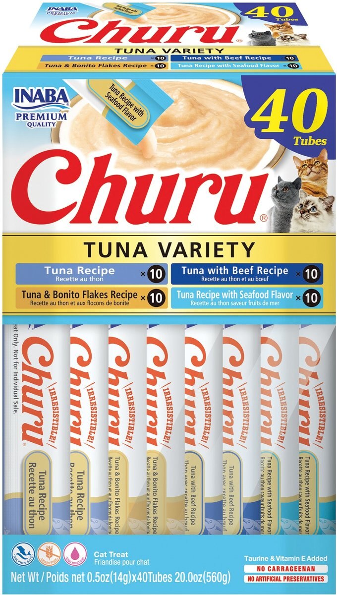 INABA Churu Tuna Variety Creamy Puree Grain-Free Lickable Cat Treats, 0.5-oz tube, 40 count ...