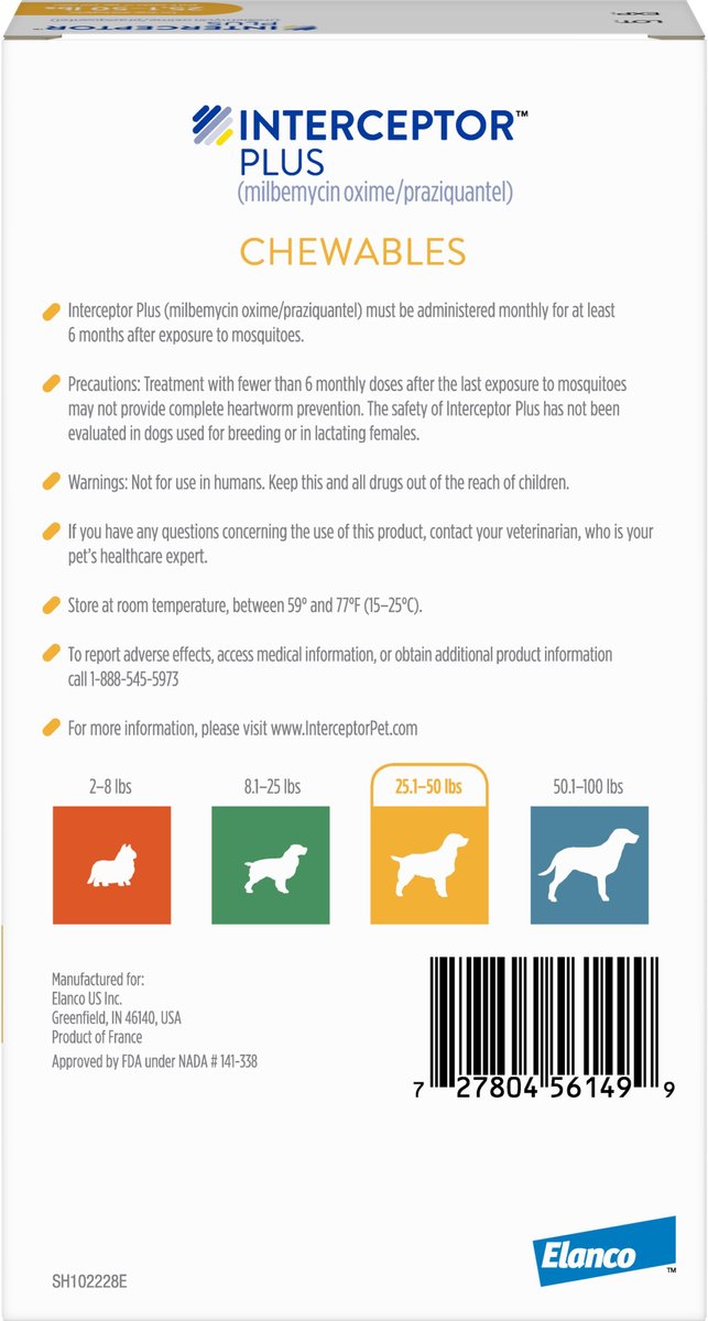 INTERCEPTOR PLUS Chew for Dogs, 25.1-50 lbs, (Yellow Box) - Easy ...