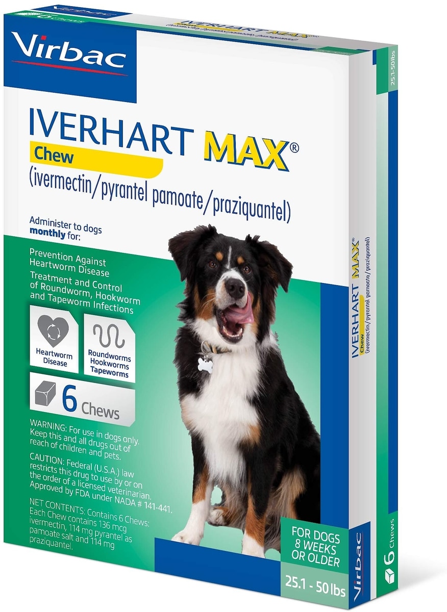 IVERHART MAX Chew for Dogs, 25.1-50 lbs, (Green Box), 6 Chews (6-mos ...