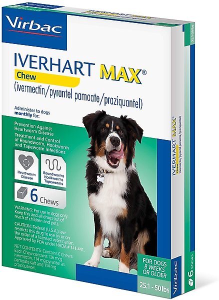 IVERHART MAX Chew for Dogs, 25.1-50 lbs, (Green Box), 6 Chews (6-mos ...