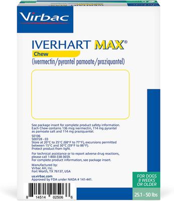 IVERHART MAX Chew for Dogs, 25.1-50 lbs, (Green Box), 6 Chews (6-mos ...