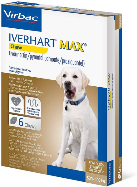 IVERHART MAX Chew for Dogs, 50.1-100 lbs, (Brown Box), 6 Chews (6-mos ...