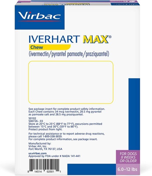 IVERHART MAX Chew for Dogs, 6-12 lbs, (Purple Box), 6 Chews (6-mos ...