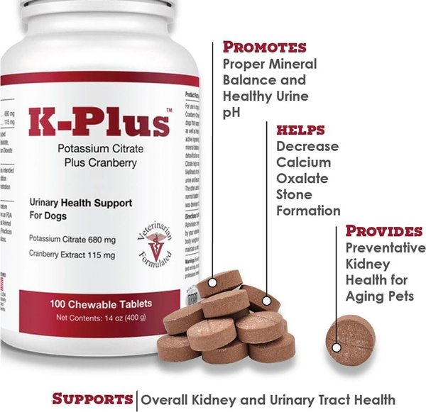 K-PLUS Potassium Citrate Plus Cranberry Chewable Tablets for Dogs, 100 ...