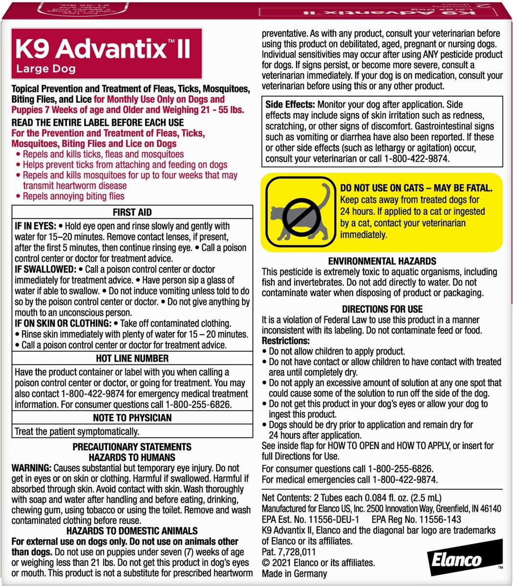 K9 ADVANTIX II Flea & Tick Spot Treatment for Dogs, 21-55 lbs, 2 Doses ...