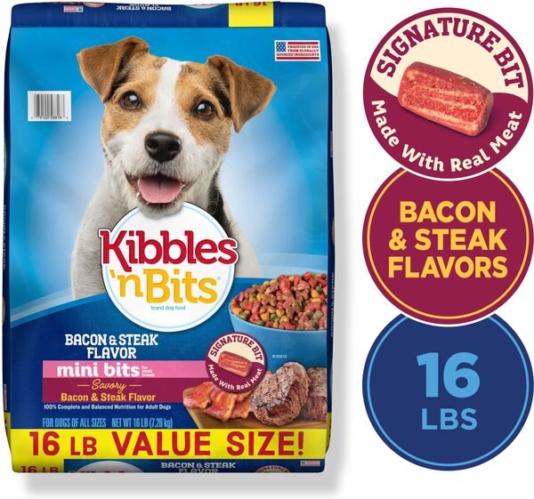KIBBLES 'N BITS Mini Bits Savory Bacon & Steak Flavor Small Breed Dry Dog Food, 16-lb bag ...