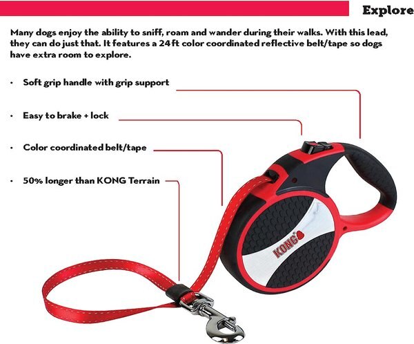 KONG RETRACTABLE Explore Reflective Retractable Dog Leash, Red, Large ...