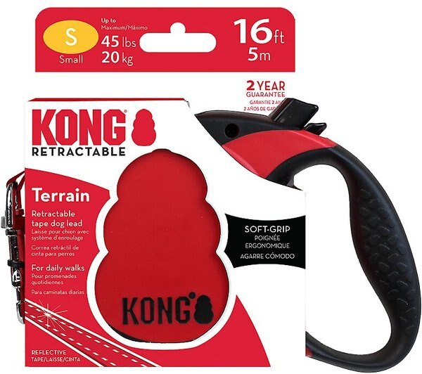 KONG RETRACTABLE Terrain Nylon Reflective Retractable Dog Leash, Red ...