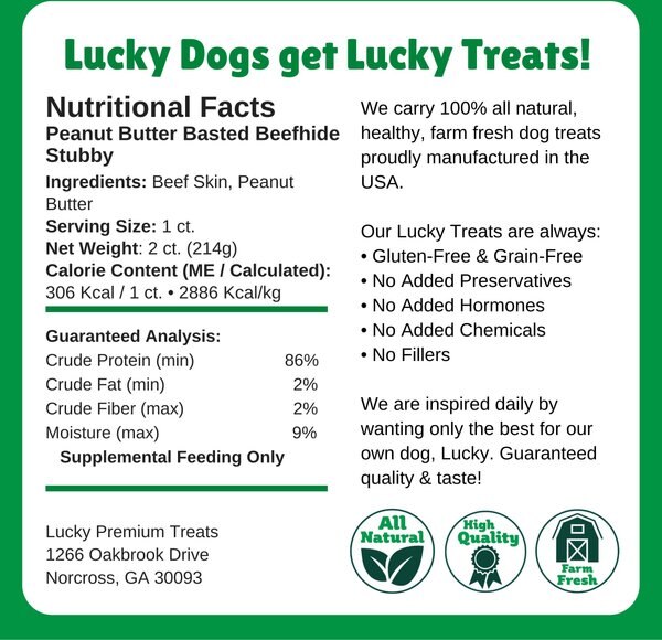 LUCKY PREMIUM TREATS Peanut Butter Basted Rawhide Stubbys X-Large Dog ...