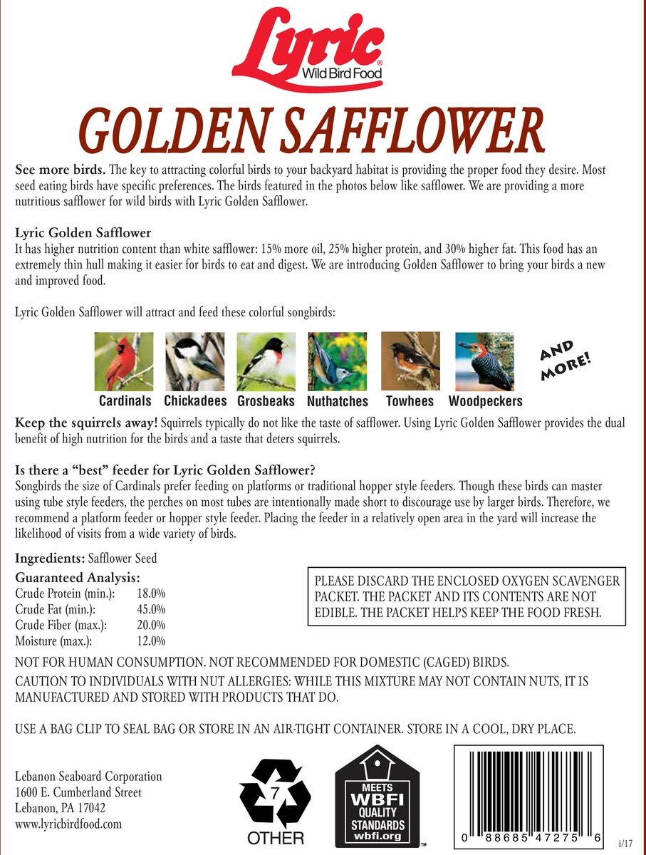 LYRIC Golden Safflower Seed Wild Bird Food, 12-lb bag - Chewy.com