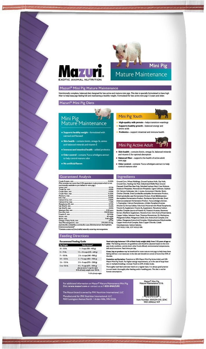 MAZURI Mini Pig Mature Maintenance Feed, 25-lb bag, bundle of 2 - Chewy.com