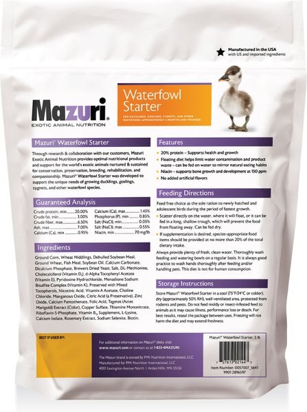 MAZURI Waterfowl Starter Floating Duckling & Gosling Food, 5-lb bag ...