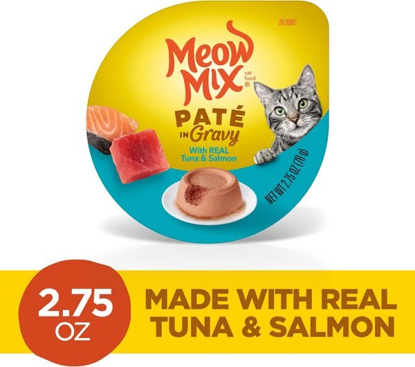 MEOW MIX Pate in Gravy with Real Tuna & Salmon Wet Cat Food, 2.75-oz cup, case of 12 - Chewy.com