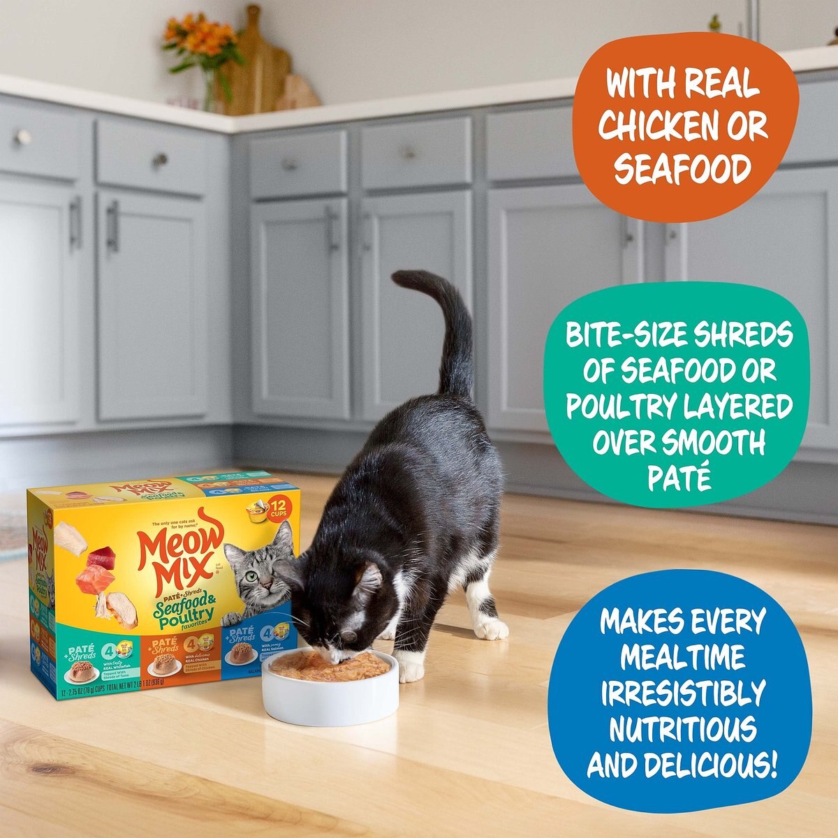 MEOW MIX Pate Toppers Seafood & Poultry Variety Pack Cat Food Trays, 2. ...
