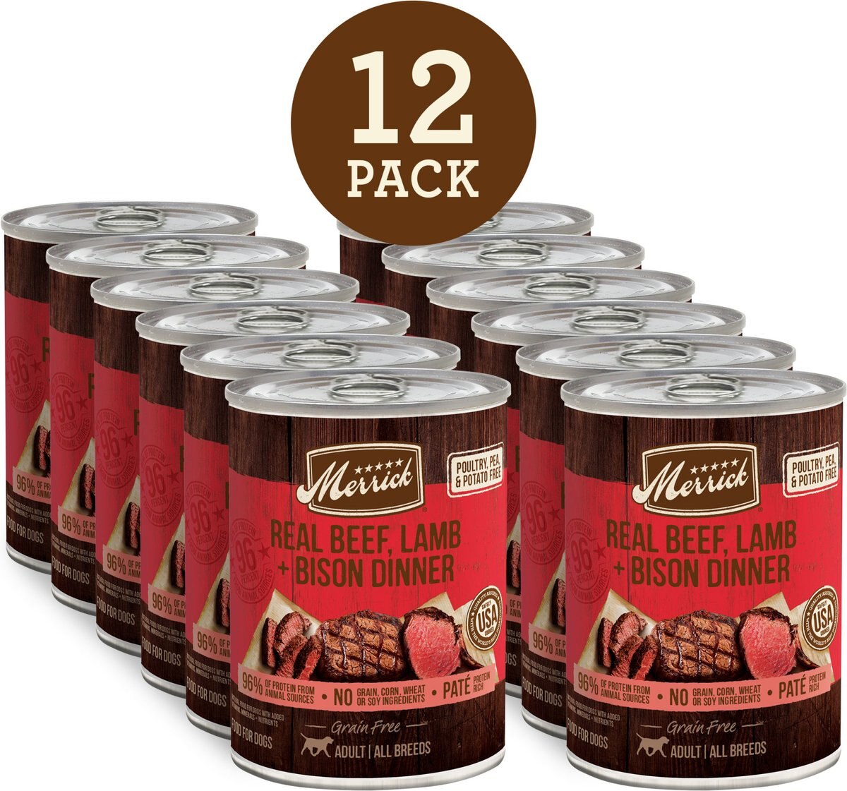 MERRICK Adult Grain-Free Beef, Lamb & Bison Pate Canned Dog Food, 12.7 ...