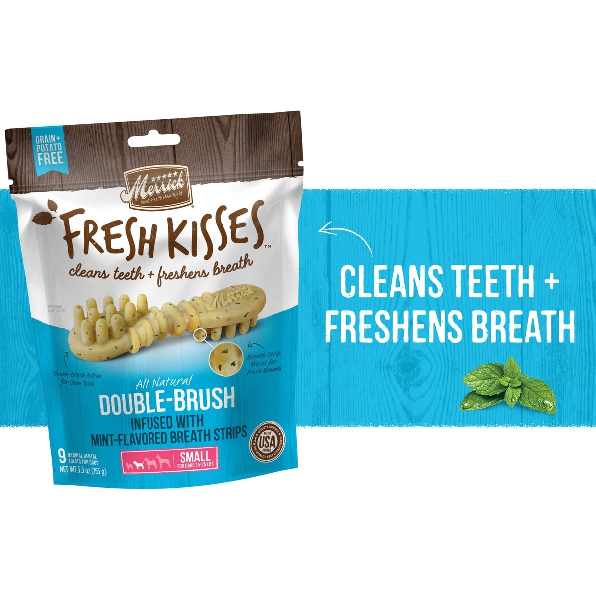 MERRICK Fresh Kisses Double-Brush Mint Breath Strip Infused Small ...