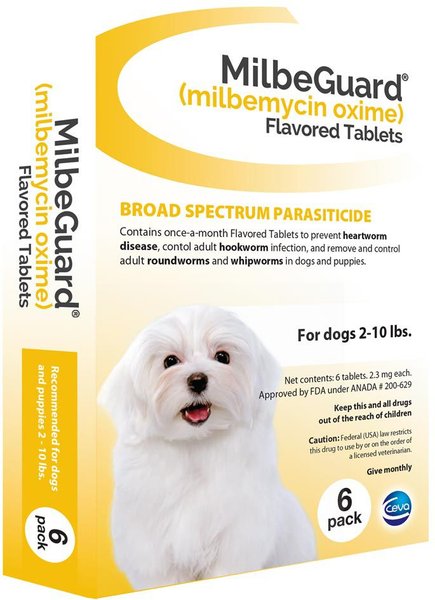 MILBEGUARD Flavored Tablets for Dogs, 2 -10 lbs. (Yellow Box), 2.3 mg, 6 tablets (6-mos. supply ...